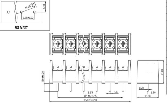 8.25 Pitch Plastic Barrier Terminal Block 2 - 12P PA66 Pass UL VDE UL94V-0
