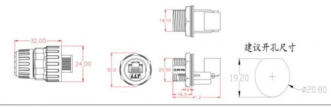 IP67 Waterproof RJ45 M19 Socket Cable Connector Front Panel Mount Right ...